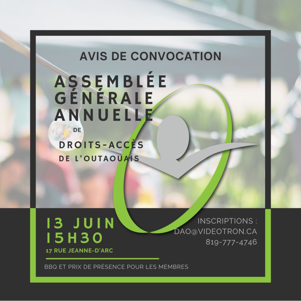 Avis de convocation - Assemblée générale annuelle 2024 - Droits-Accès de l'Outaouais